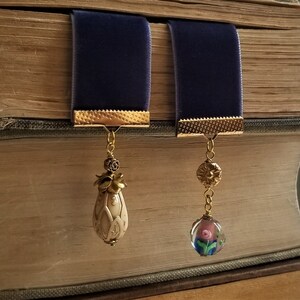 Lampwork Bead Charm Bookmark Navy Blue Velvet Bookmark Velvet Ribbon ...