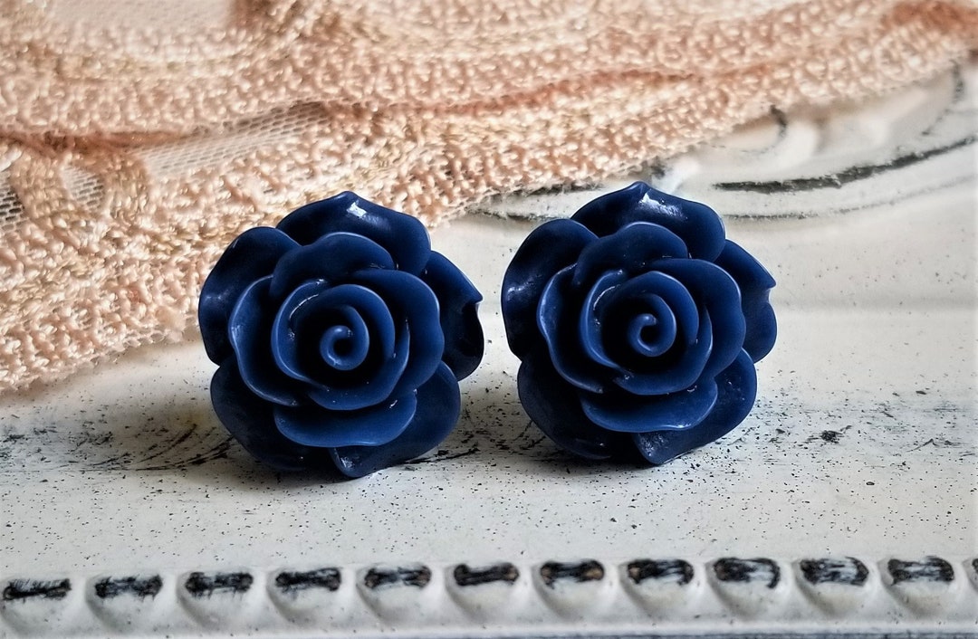Navy Blue Rose Stud Earrings, Sterling Silver Posts - Etsy