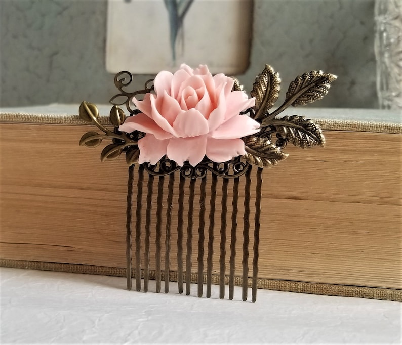 Pink flower comb Pink rose comb Rustic bridal comb Flower | Etsy