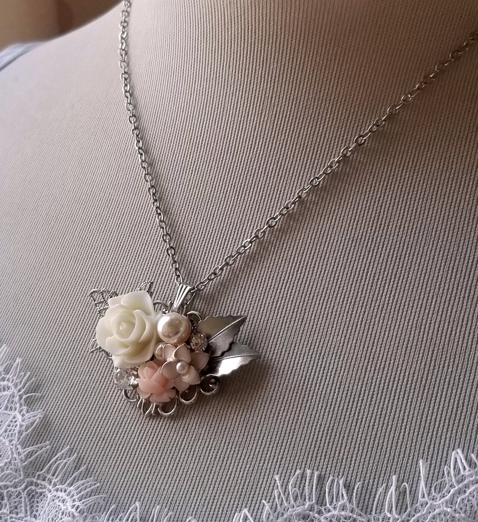 Pink and White Flower Necklace, Rhinestone, Pearl, Floral Assemblage - Etsy