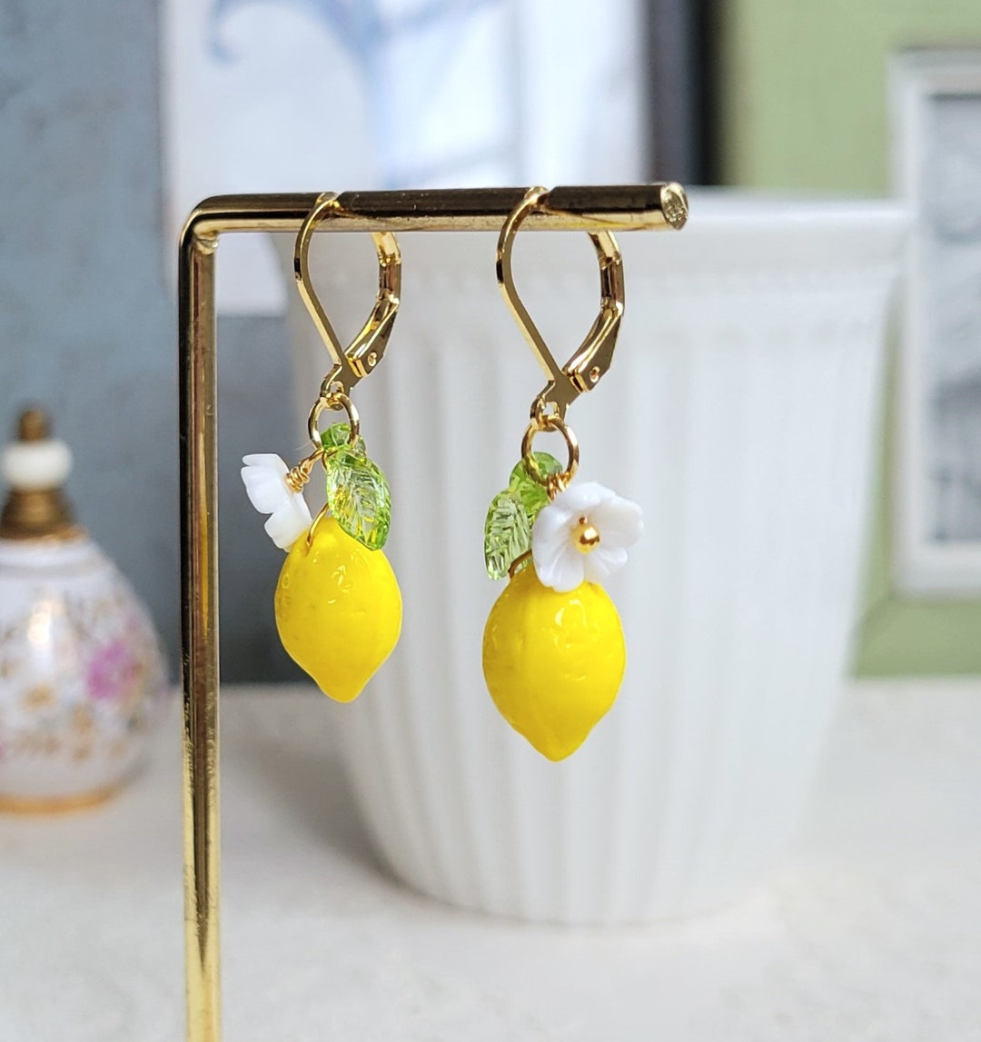 Lemon Earrings, Czech Glass Fruit Drop Earrings, Cute Yellow Drop ...