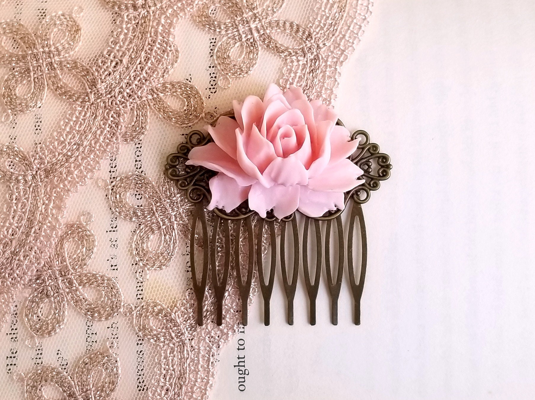 Baby pink rose comb Rustic bridal comb Flower wedding hair | Etsy