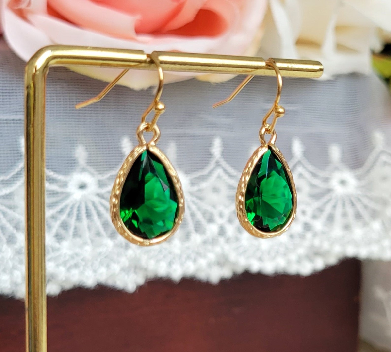 Emerald Green Crystal Teardrop Earrings, Gold Plated Brass - Etsy