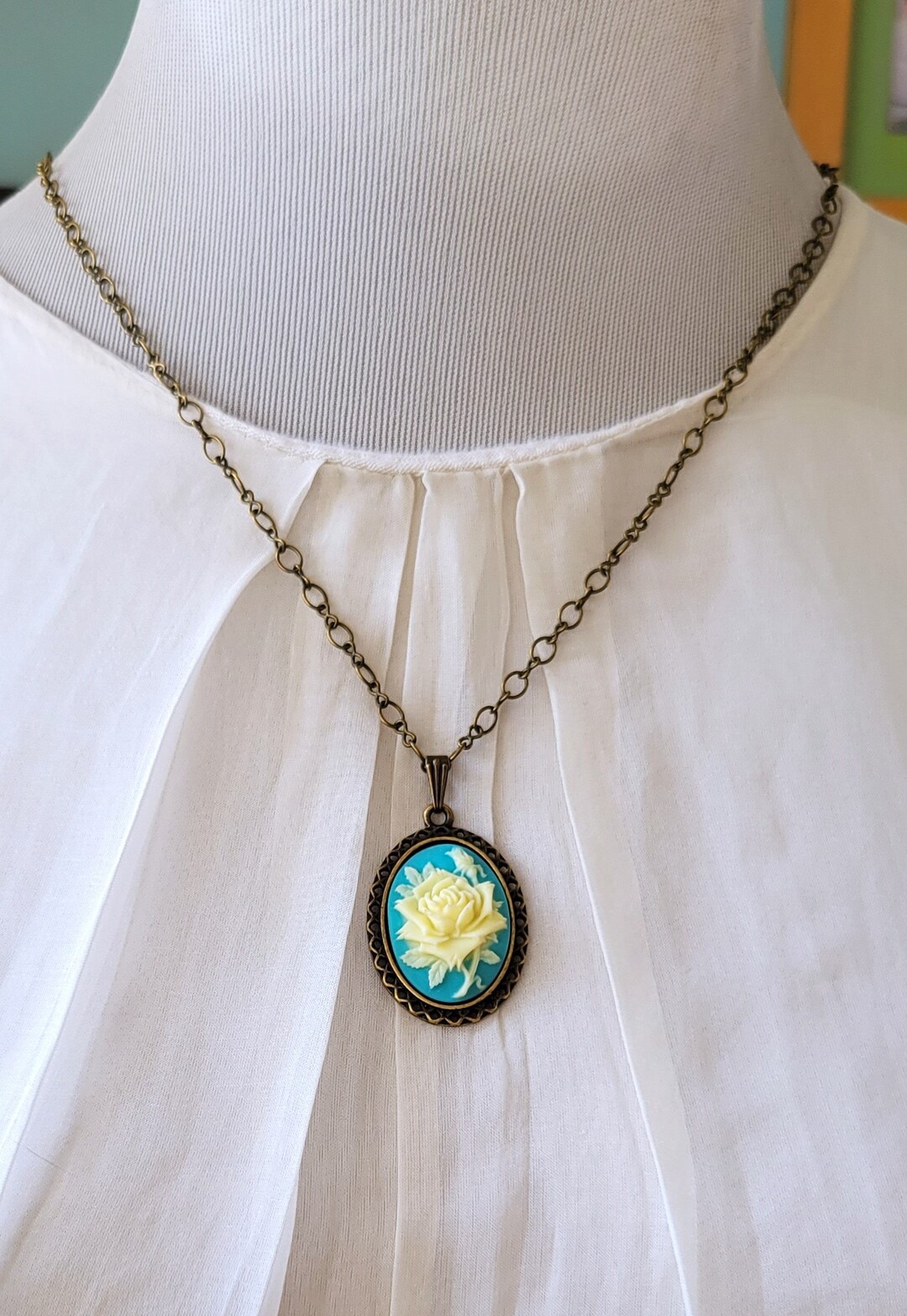 Turquoise Cameo Pendant, Victorian Style Cameo Pendant Necklace, Floral ...