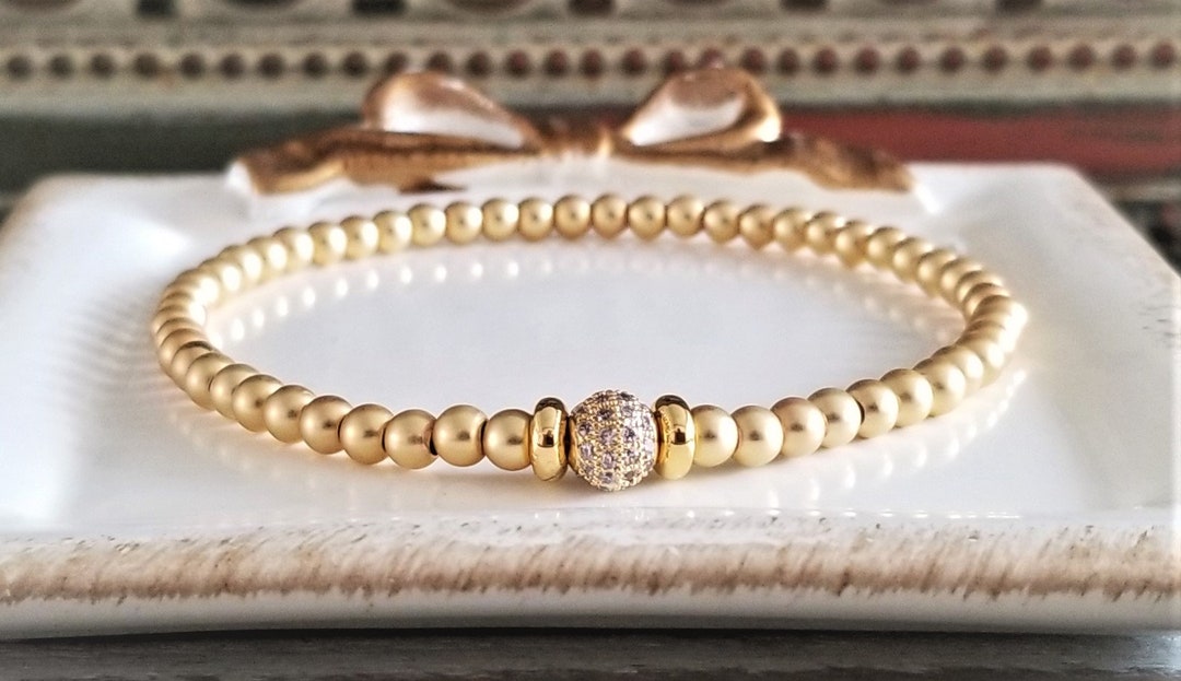 Matte Gold Bead Bracelet With Cubic Zirconia Pave Ball - Etsy