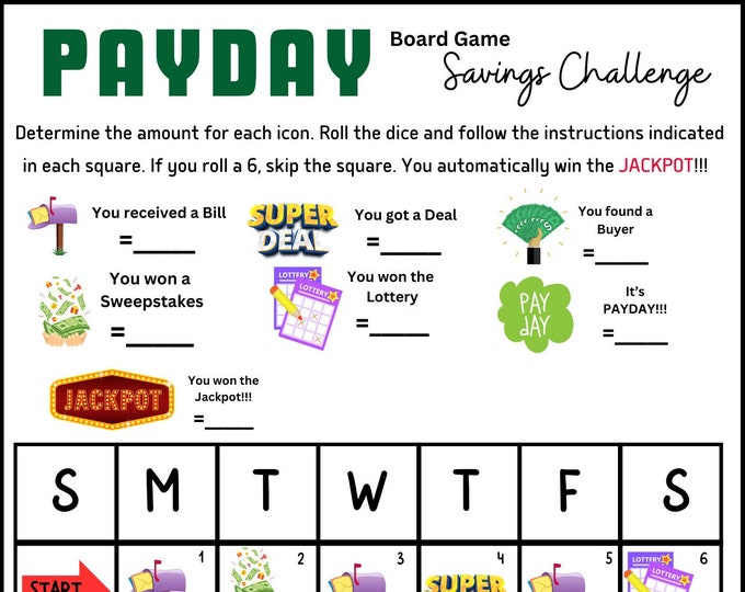 Payday Board Game Savings Challenge, Savings Tracker, PDF Printable ...