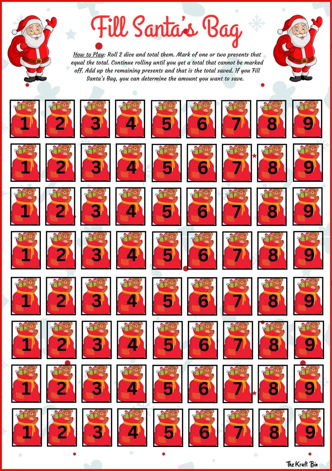 Fill Santa's Bag Savings Challenge Game, Shut the Box Savings, Savings ...