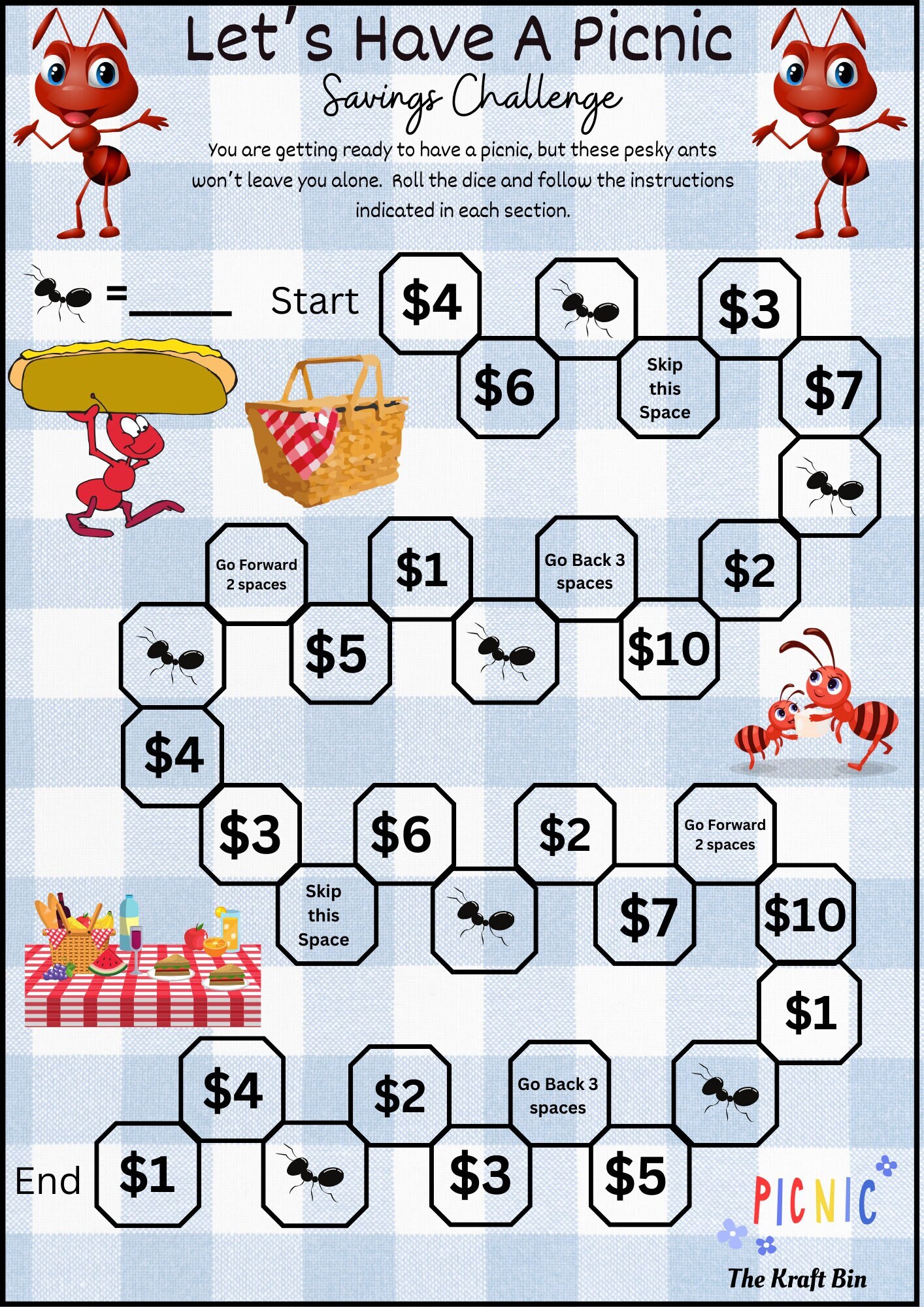 Let's Have a Picnic Game Savings Challenge, Savings Tracker, PDF ...