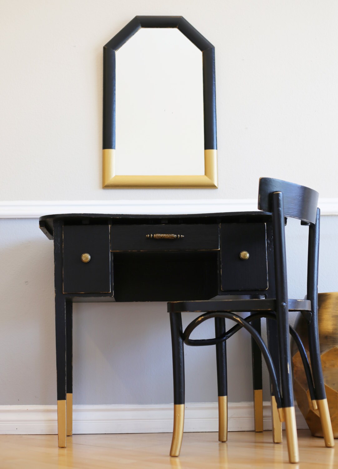 SOLD Order Custom Black and Gold Shabby Chic Vanity Table With Gold ...
