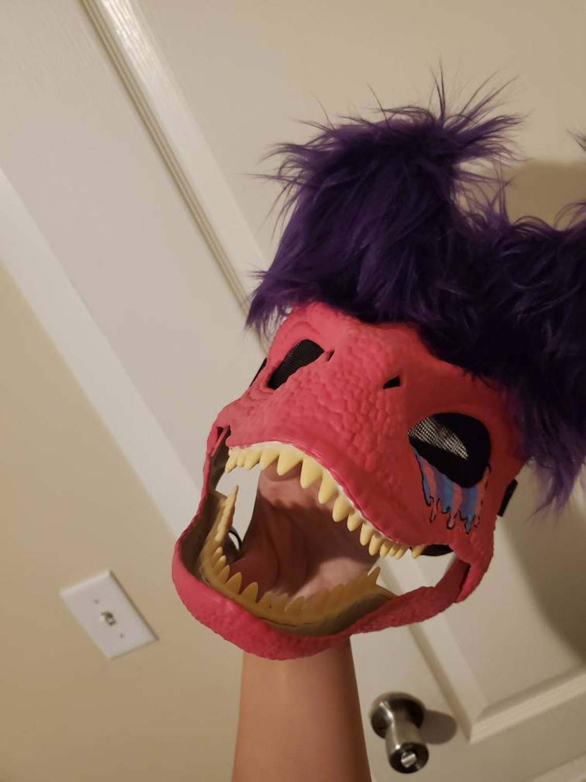 Hand painted furry dino raptor mask with custom ears and | Etsy