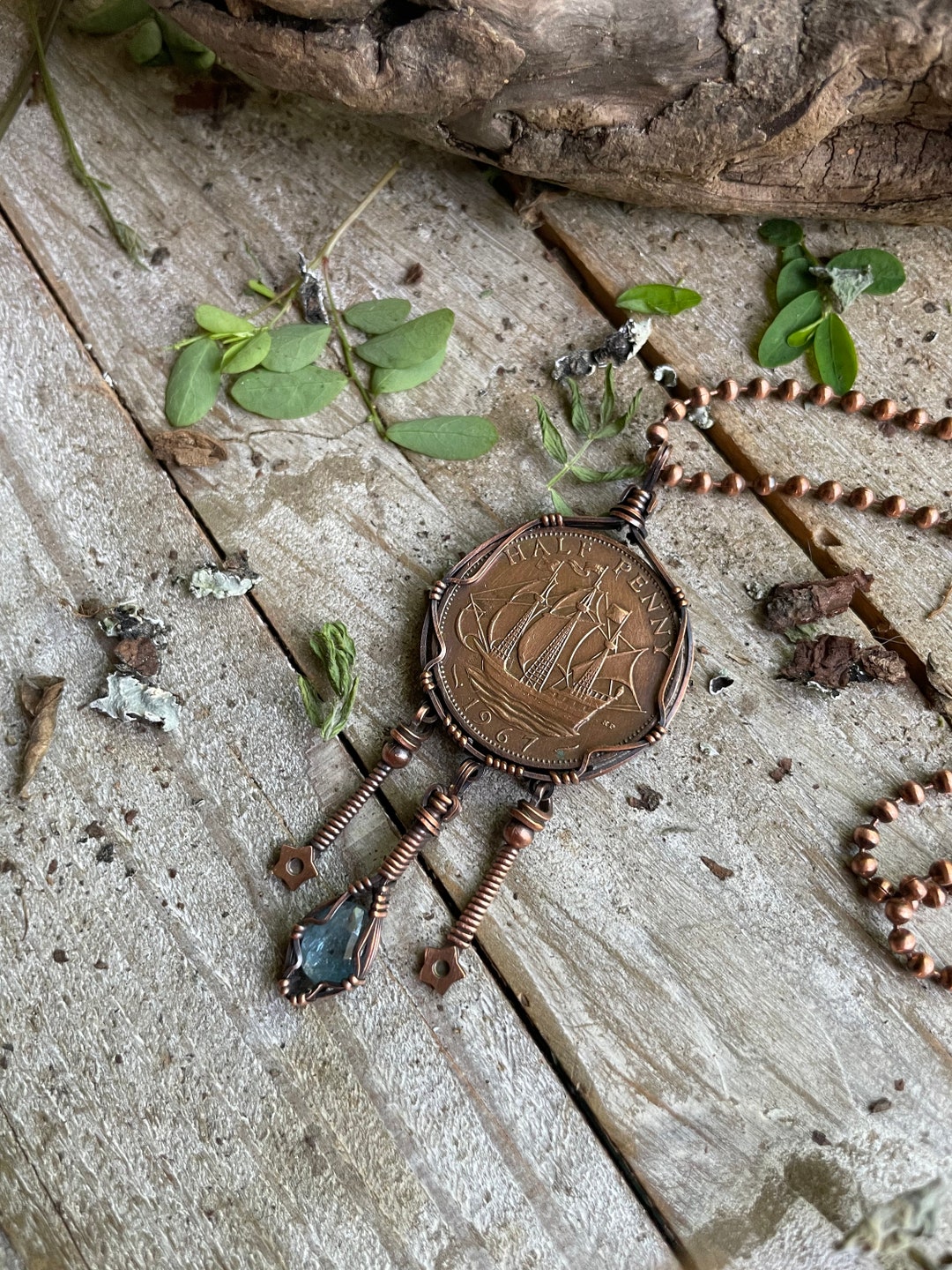 Coin Pendant, Ship Pendant,wire Wrapped Pendant, Copper Jewelry, Copper ...