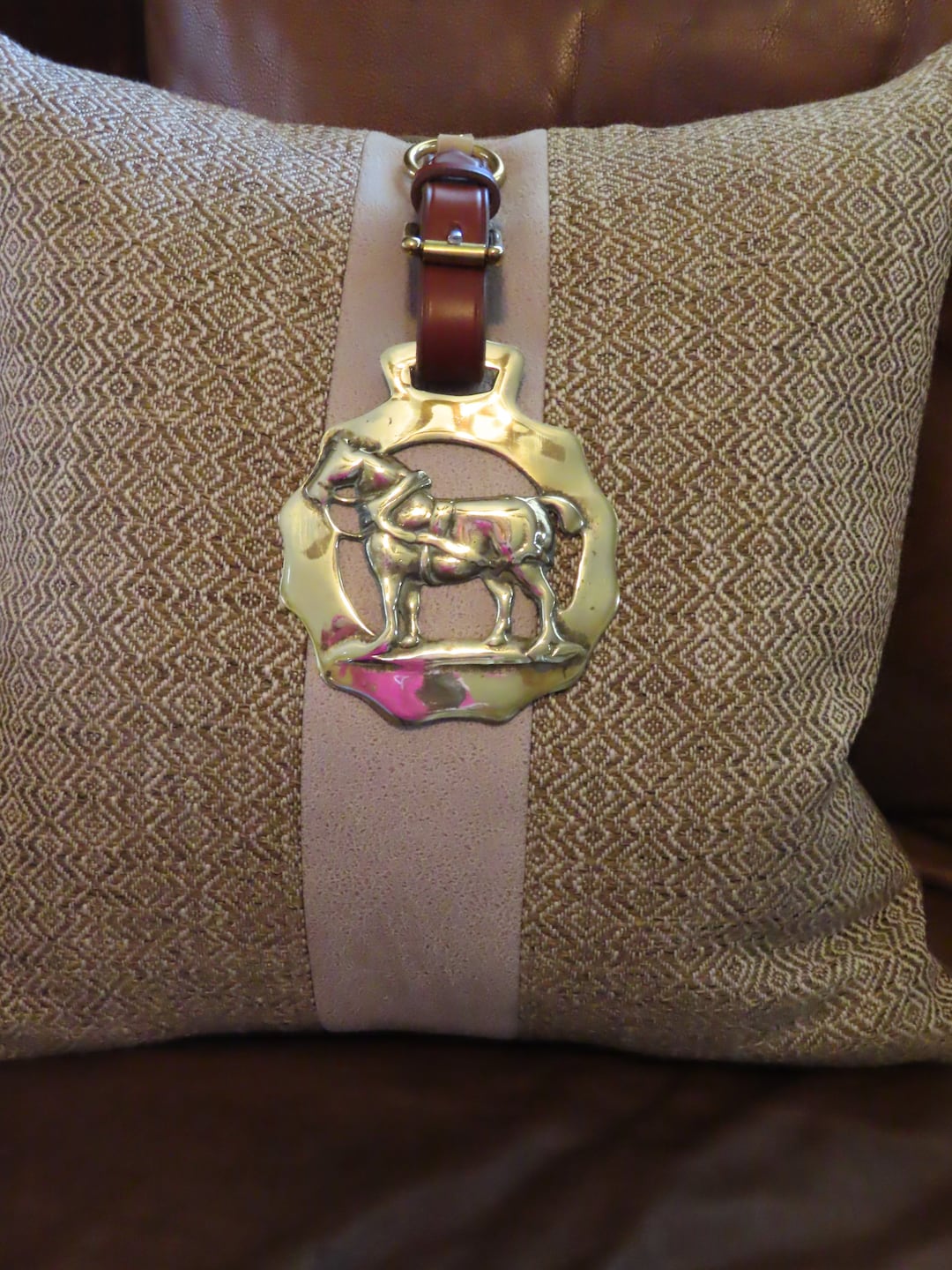 Large Harness Horse Brass Medallion on Leather Strap Throw Pillow Cover ...
