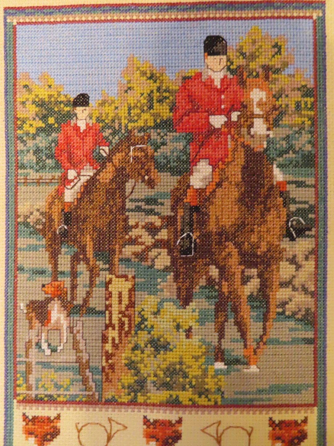 Vintage Cross Stitch Huntsman Horses Dogs Fox Hunt Scene Equestrian ...