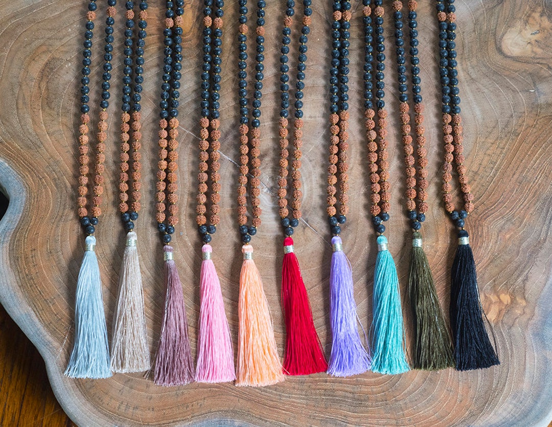 Lava Mala Necklace, Mala Beads 108, Tassel Jewelry, Rudraksha Mala ...
