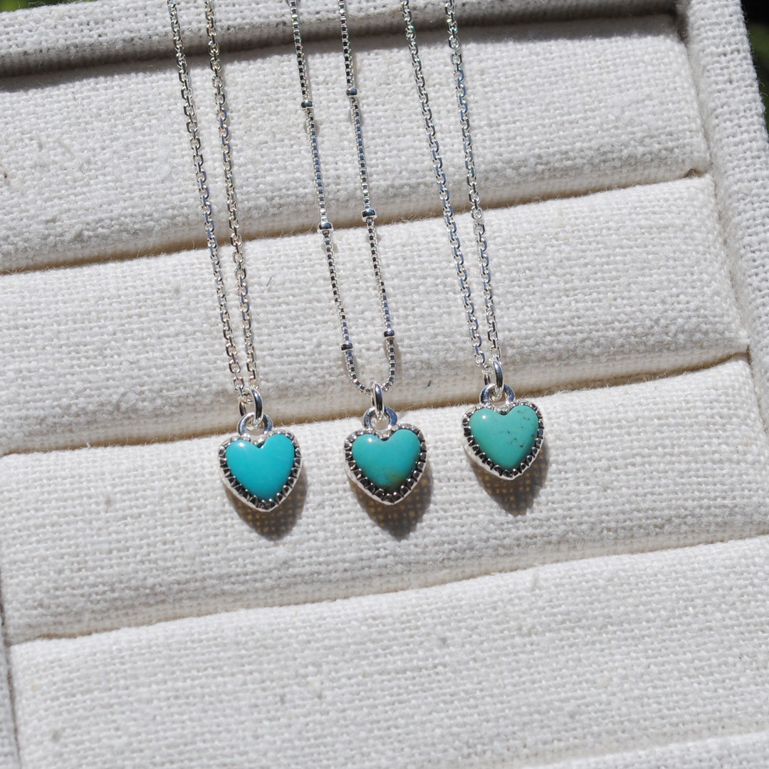 Sterling Silver Turquoise Heart Necklace, Petite Dainty Small Turquoise ...