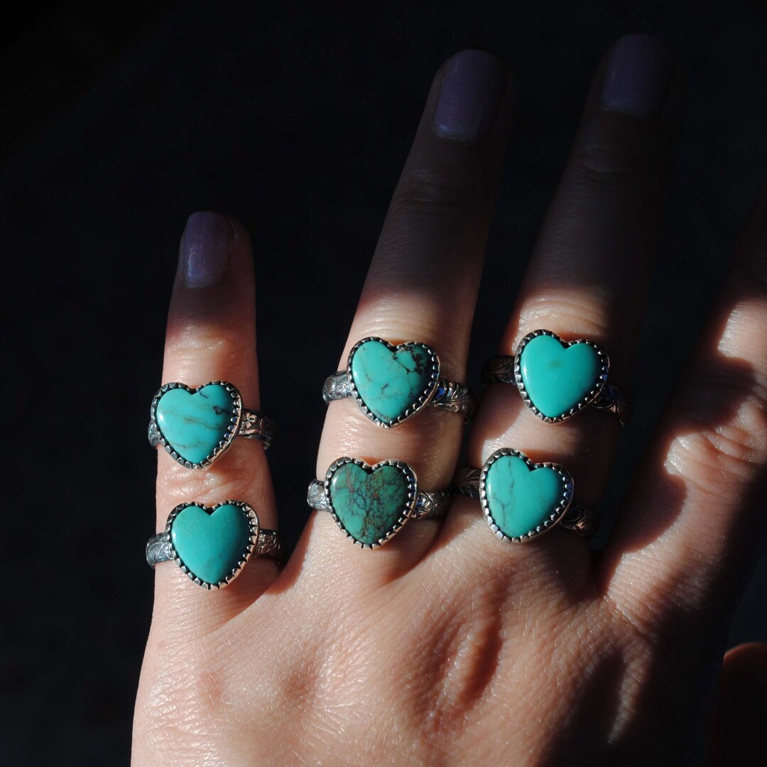 Turquoise Heart Ring With Patterned Band, Sterling Silver Turquoise ...