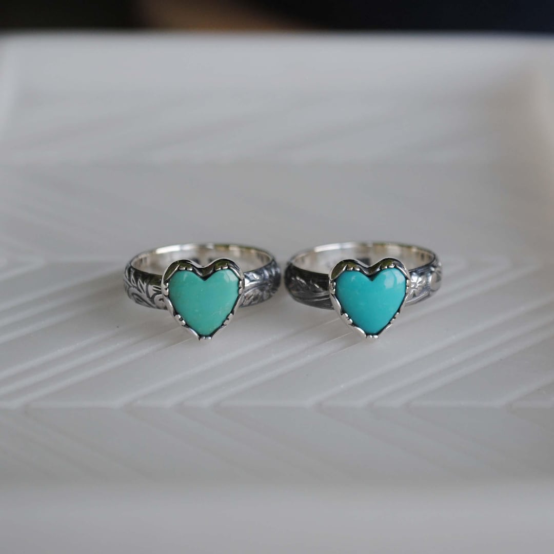 Petite Turquoise Heart Ring With Floral Pattern Band, Sterling Silver ...