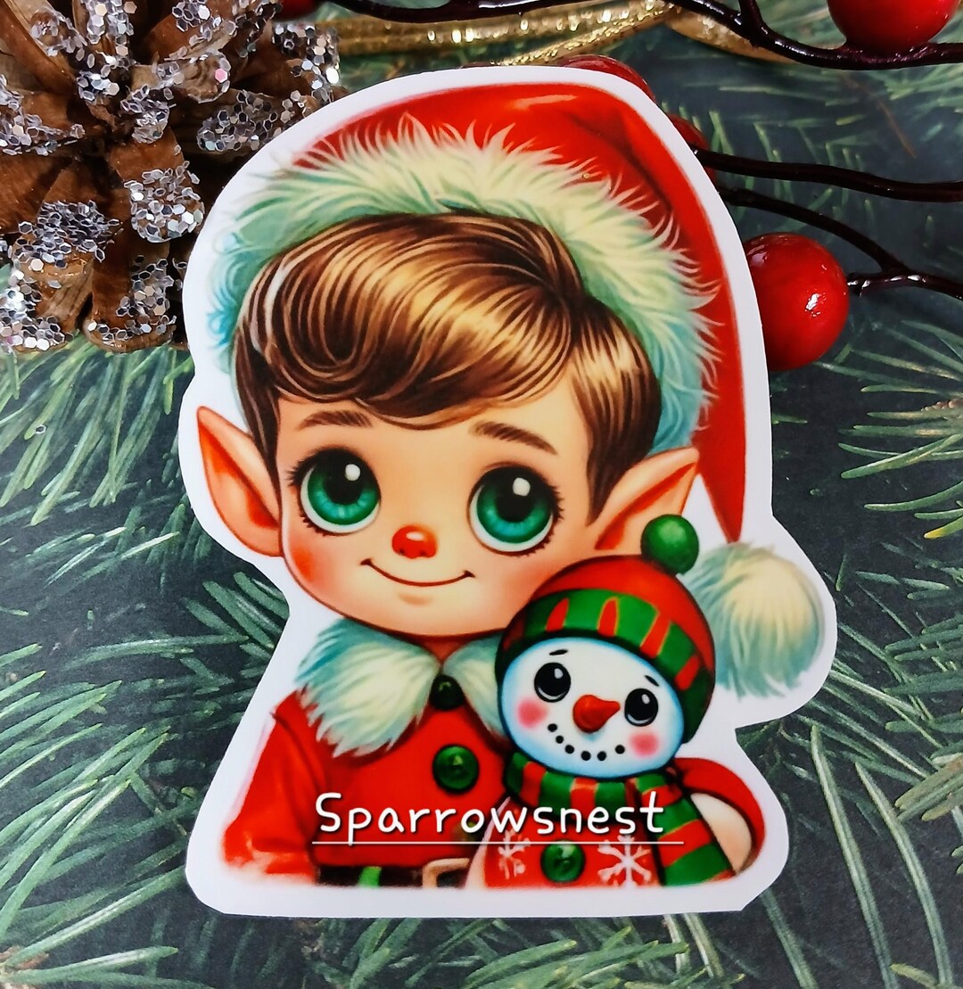 Kitchy Elf Christmas Little Snowman Sticker Retro Cute Holiday Decor ...