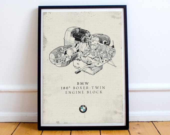 BMW Engine, Technical Drawing, Motorcycle Poster, Cafe Racer, Vintage ...