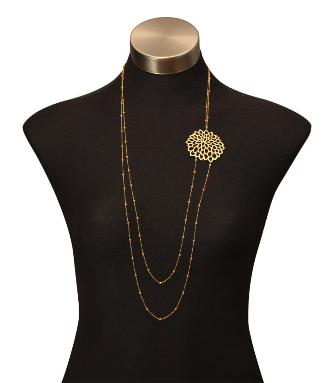 Long Simple Necklace - Double Daisy Chain Gold Flower Necklace ...