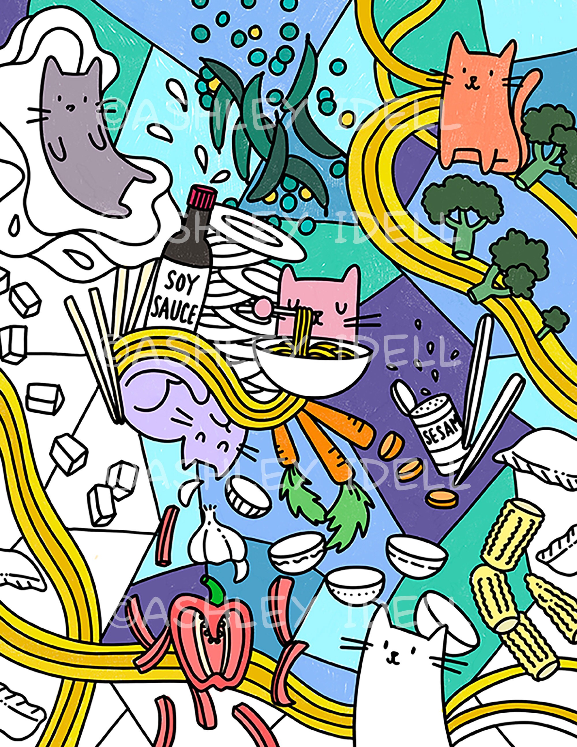 Noodles and Cats Coloring Page Downloadable Print and Digital Copy ...