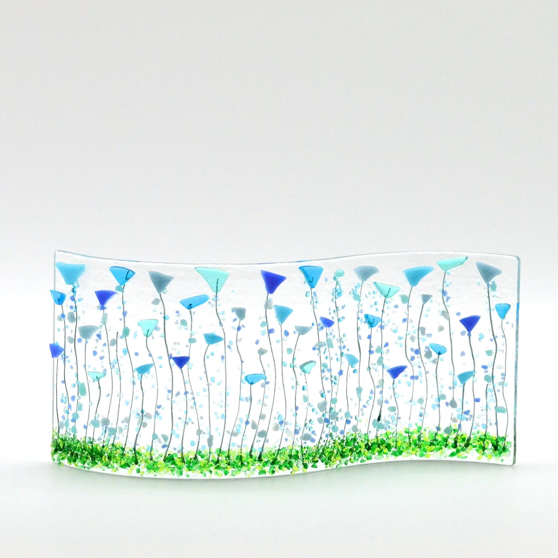 Fused Glass Blue Tulip/balloon Flowers, Shelf/window Sill Art, Handmade ...