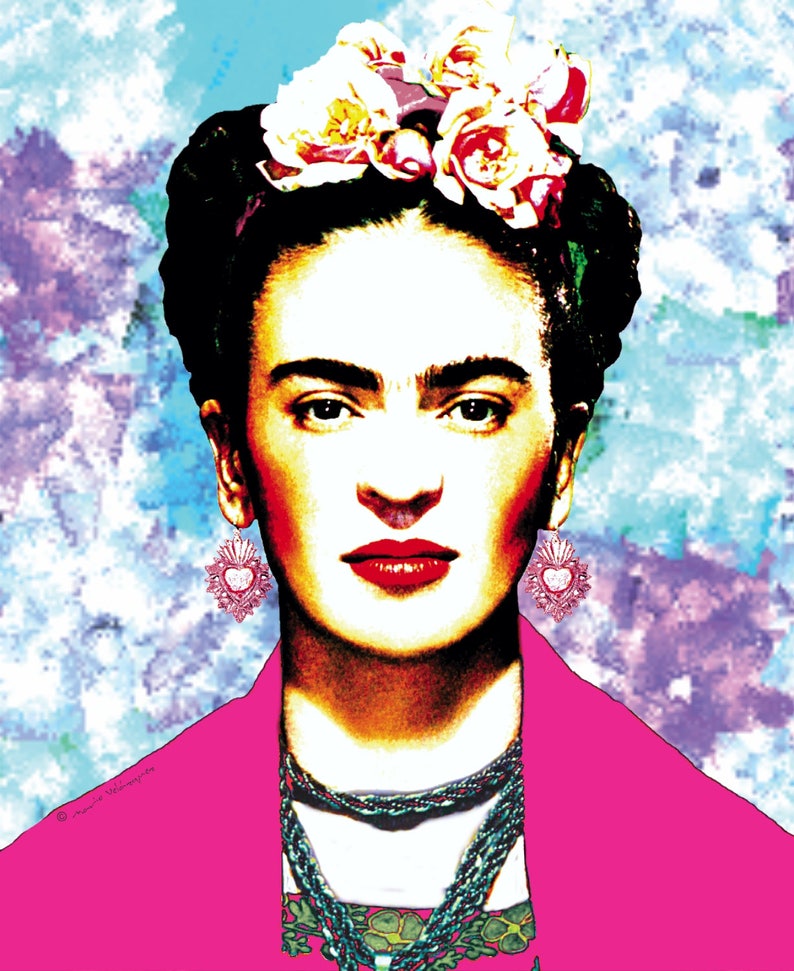 Frida Kahlo With Hot Pink Rebozo on Brush Strokes Background Painting ...