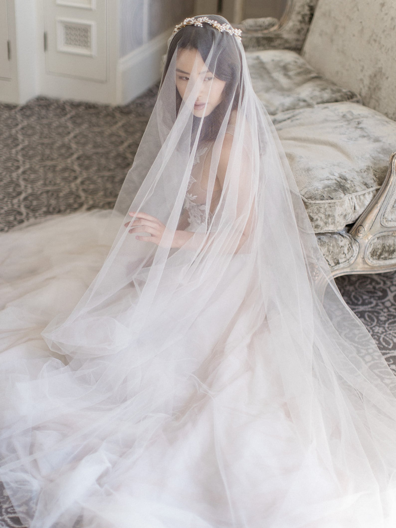 Silk Wedding Veil With Blusher Long Silk Veil Cathedral Silk | Etsy