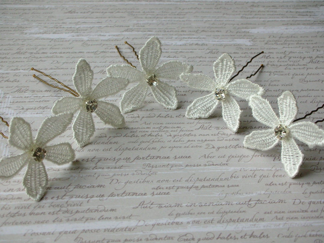 Ivory Lace Flower Hair Pins With Diamanté - Bridal Hair Accessory (set ...