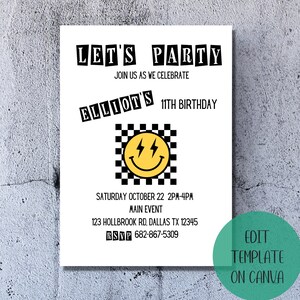 Checkered Smiley Face Birthday Invitation, 90's Smiley Face Invitation ...
