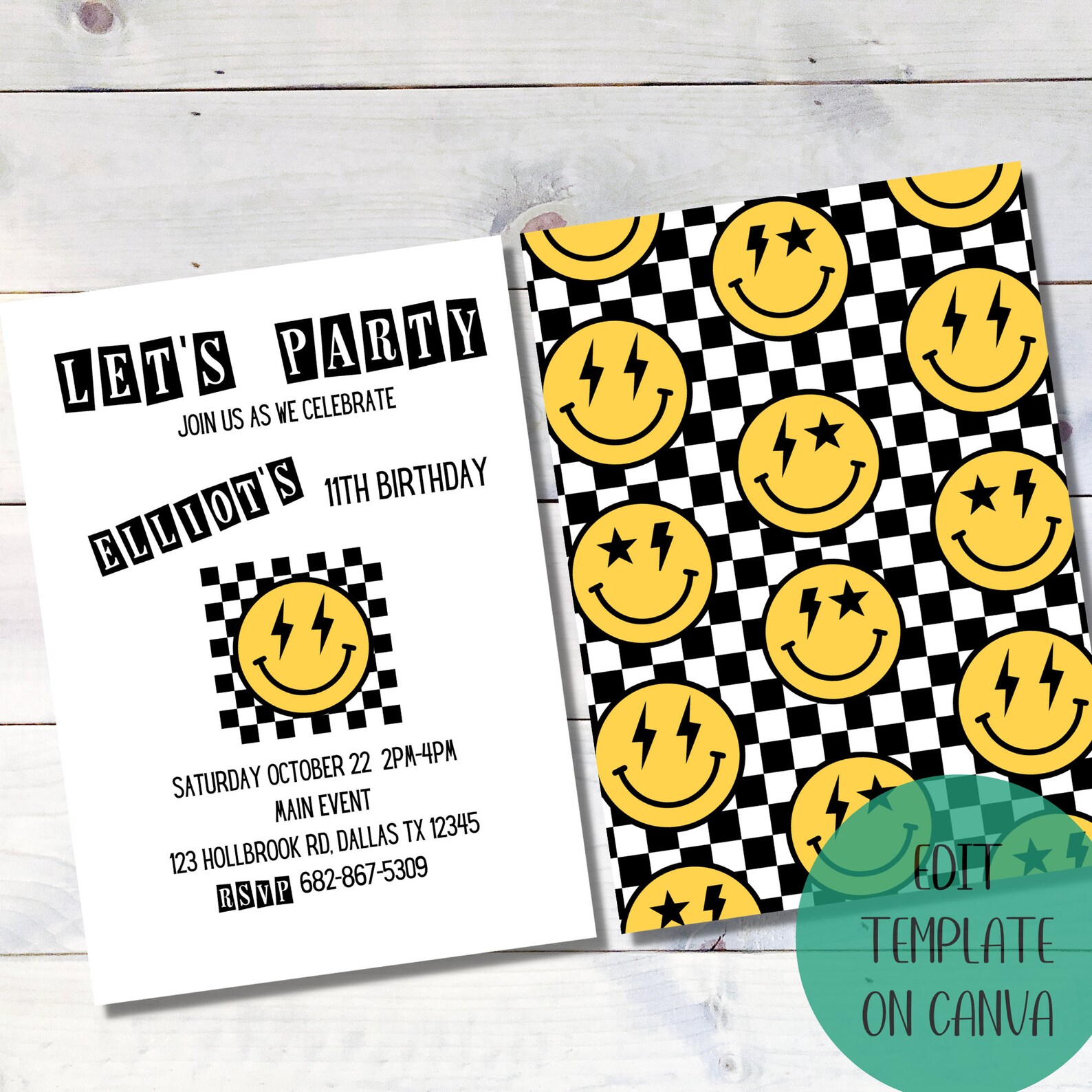 Checkered Smiley Face Birthday Invitation, 90's Smiley Face Invitation ...