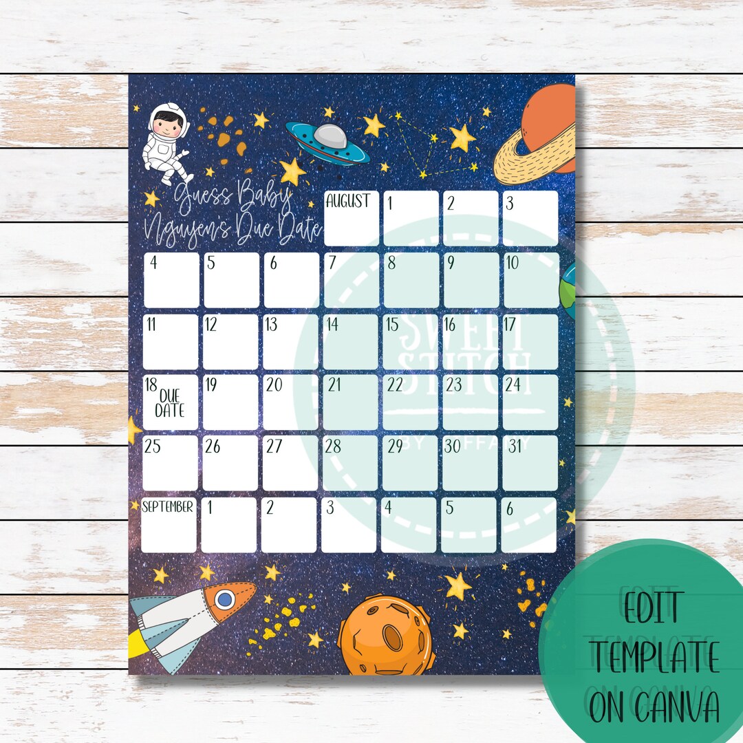Outer Space Baby Due Date Calendar: Editable Baby Shower (instant ...