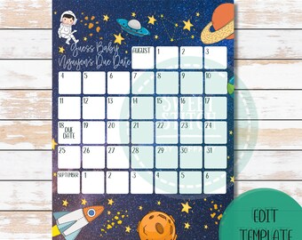 Editable Outer Space Baby Due Date Calendar: Galaxy Baby Shower ...