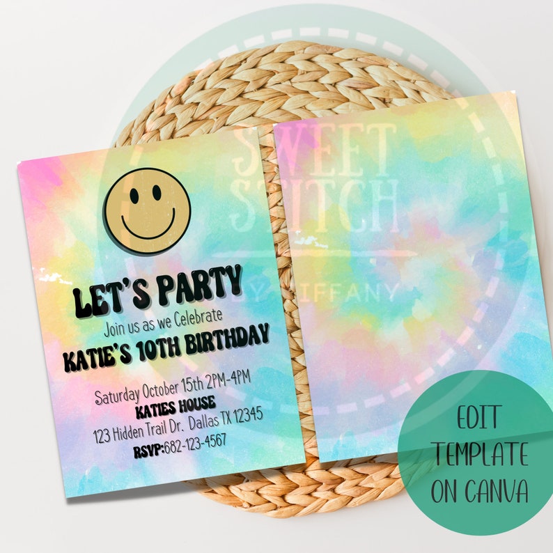 Tie Dye Birthday Invitation- Smiley Face Birthday Invitation- Girls ...