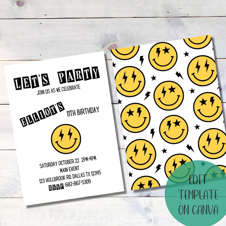 Smiley Face Birthday Invitation, Boys Birthday Invitation, Preteen ...