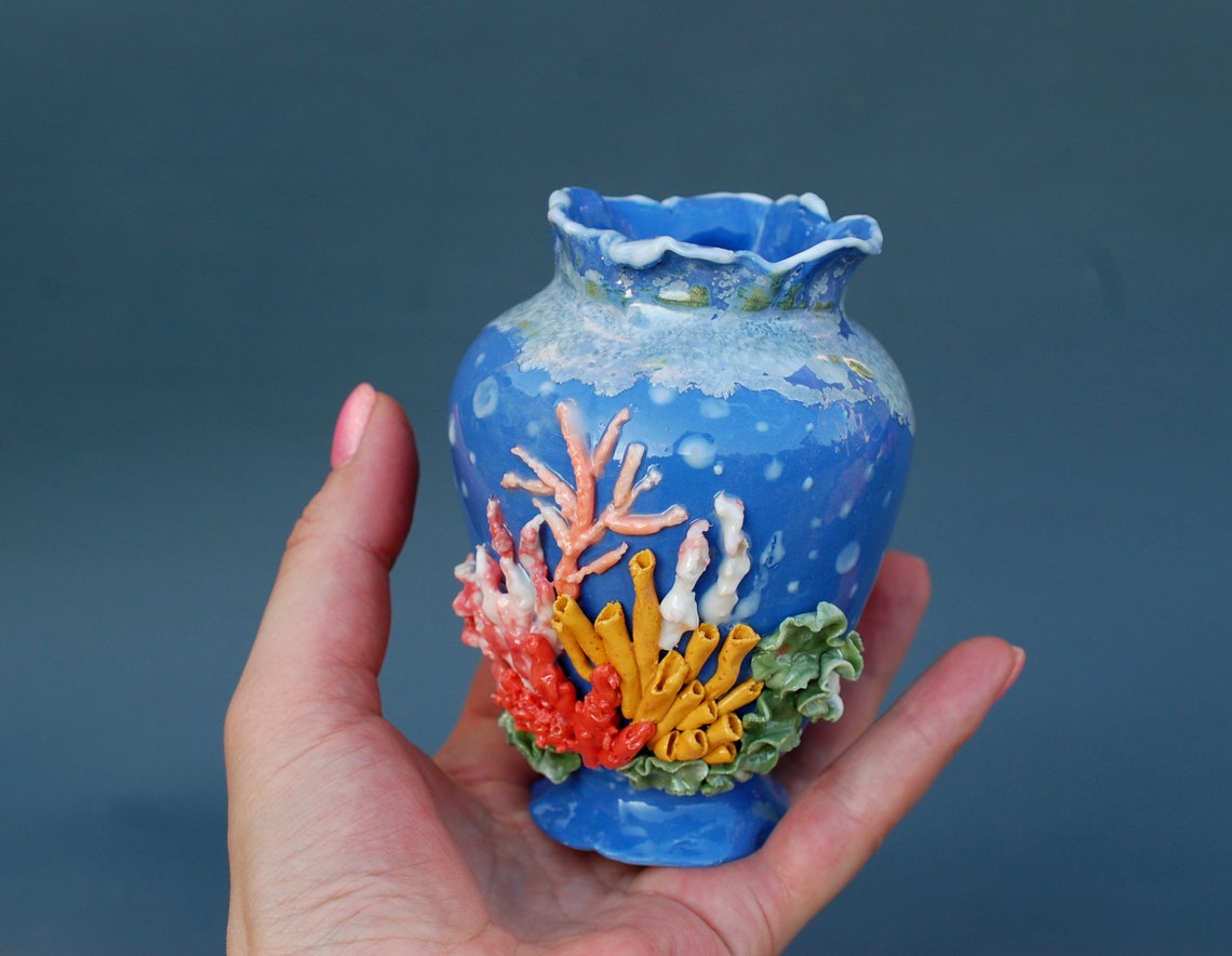 Sea vase Nautical Blue porcelain small vase Colorful corals | Etsy
