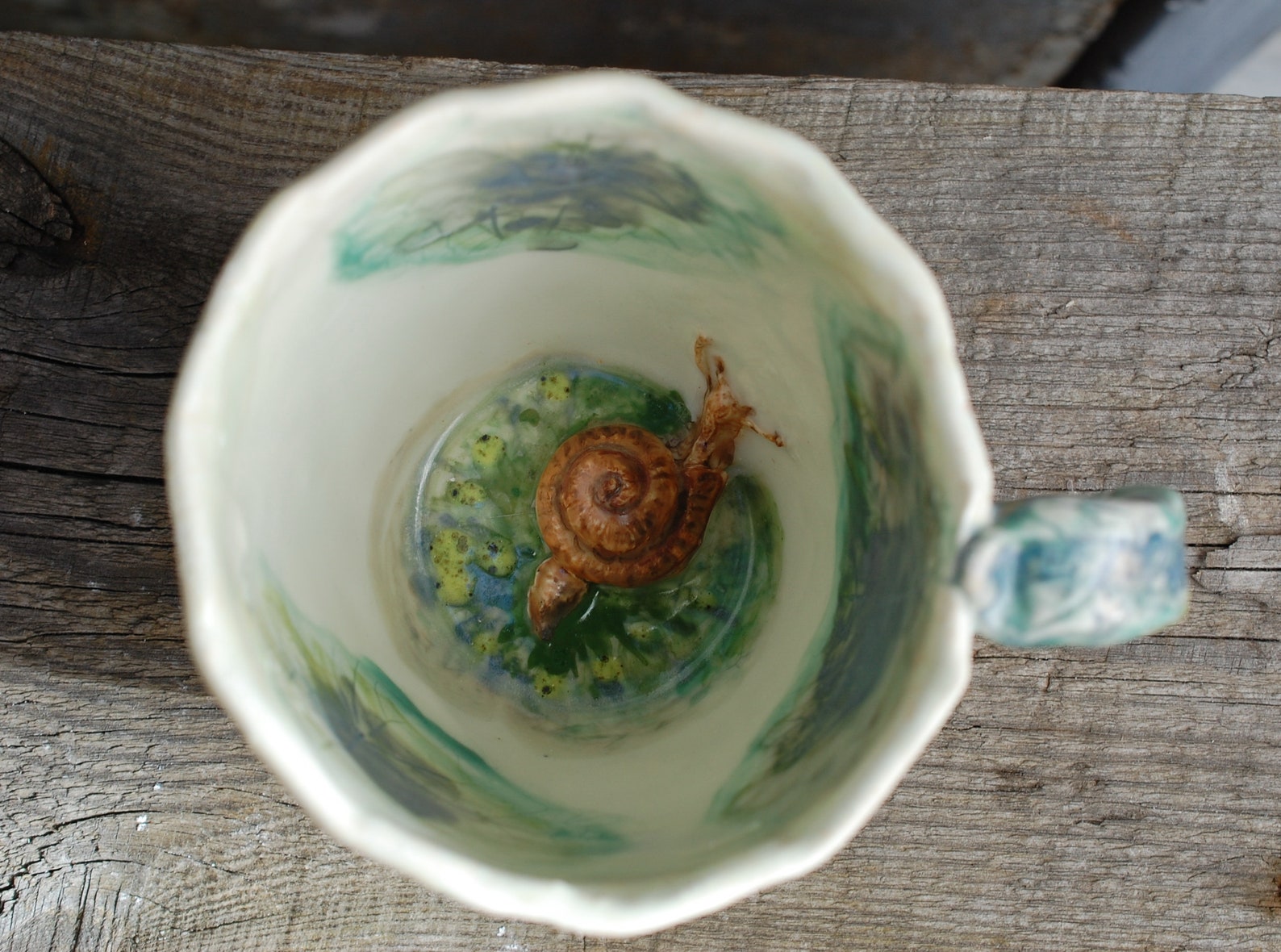Snail Surprise mug Handmade green cup Art mug Figurine inside | Etsy