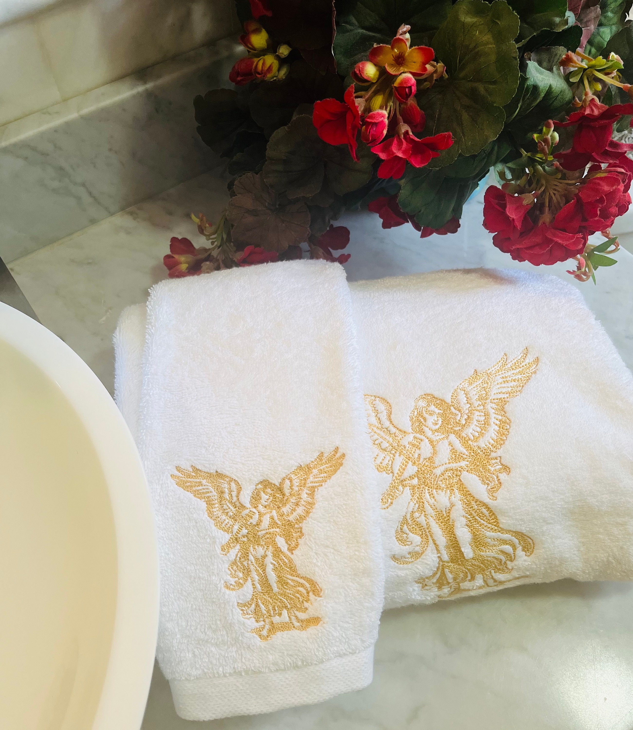 Custom Embroidered Towels With Angel Design | Bathroom Decor Set - Etsy