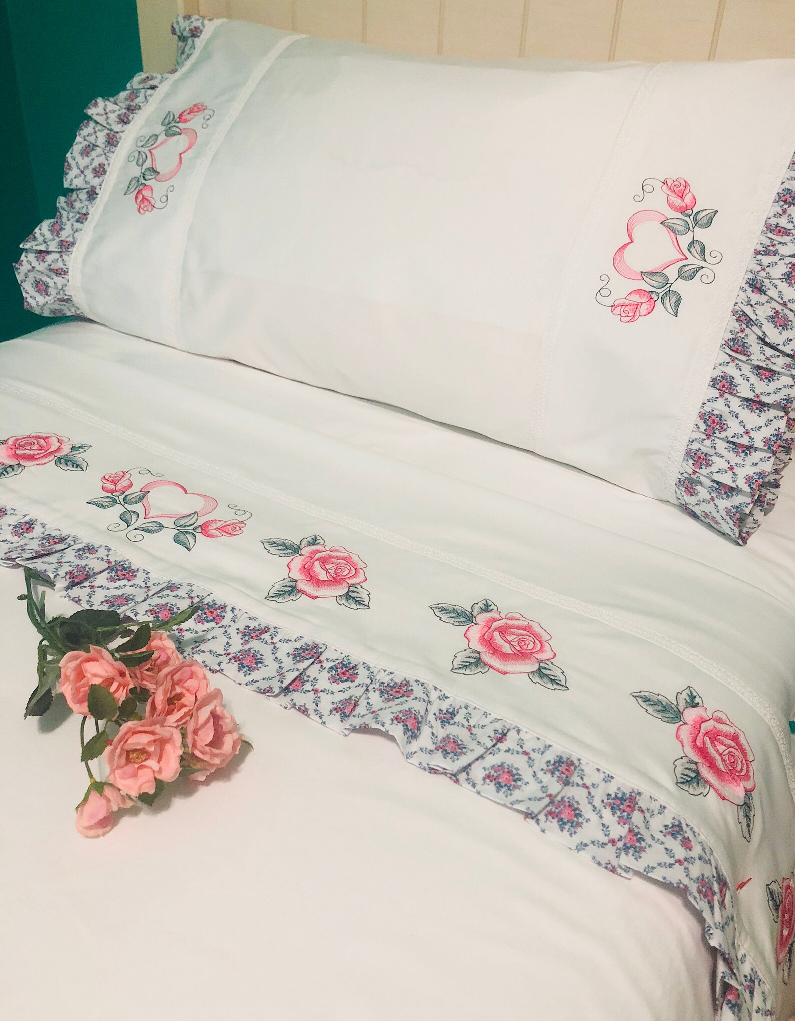 Vintage Roses Bed Sheet Set Embroidered Sheets Vintage - Etsy