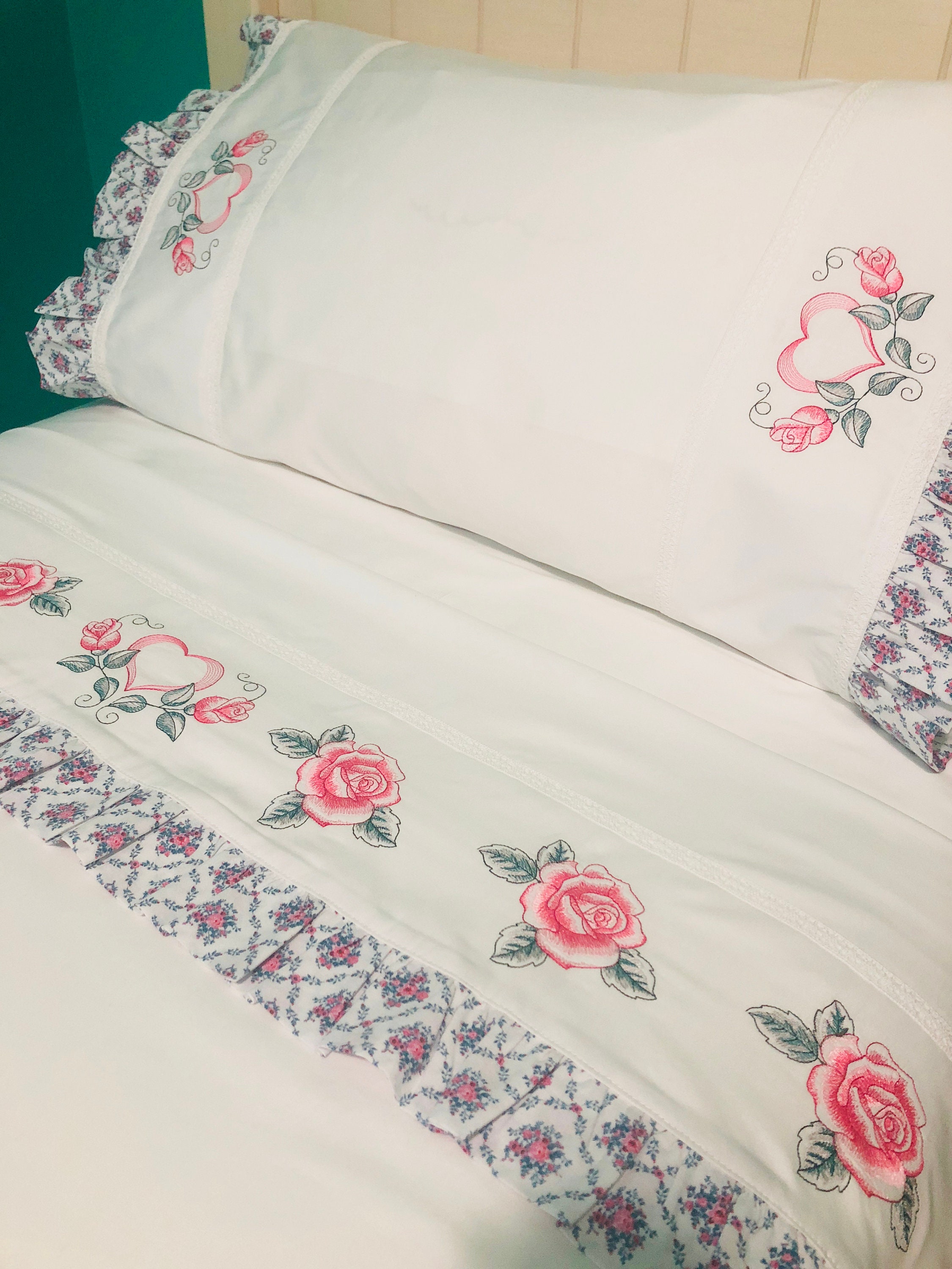 Vintage Roses Bed Sheet Set, Embroidered Sheets, Vintage Sheets, Custom ...