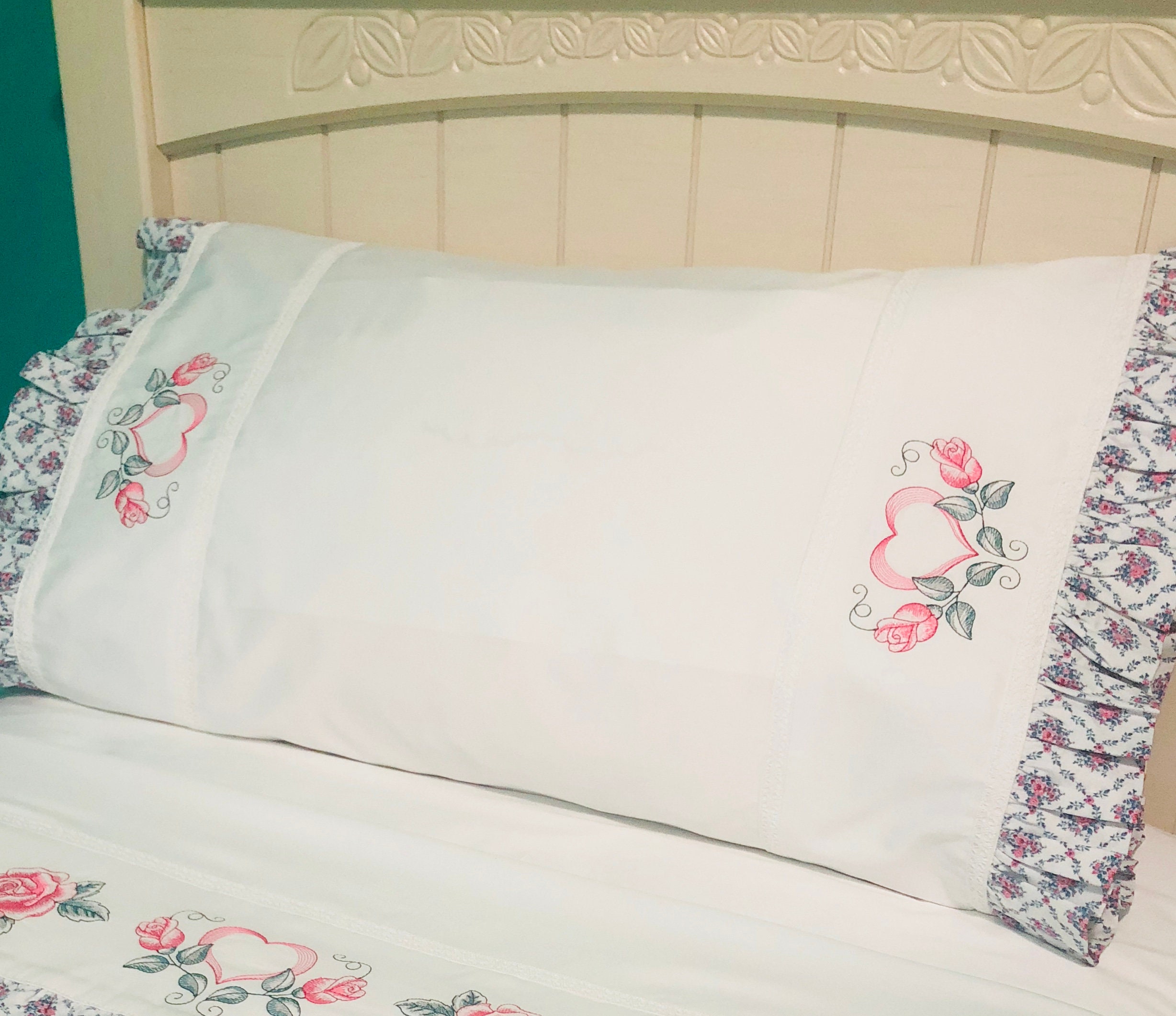 Vintage roses bed sheet set embroidered sheets vintage | Etsy