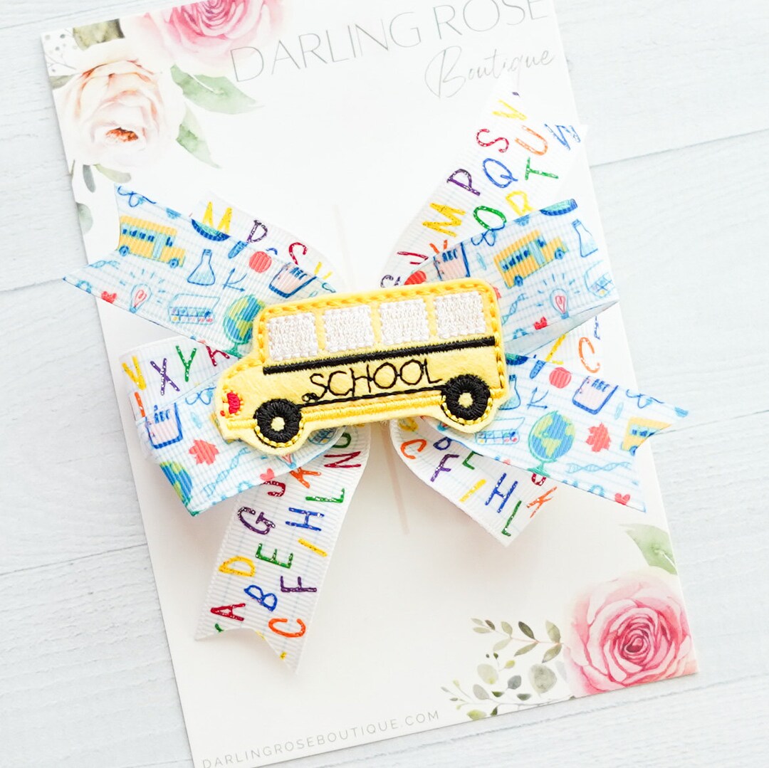 Medium 4 Back to School Bus Pigtail Hair Bows Hairbow Hair Clips ...