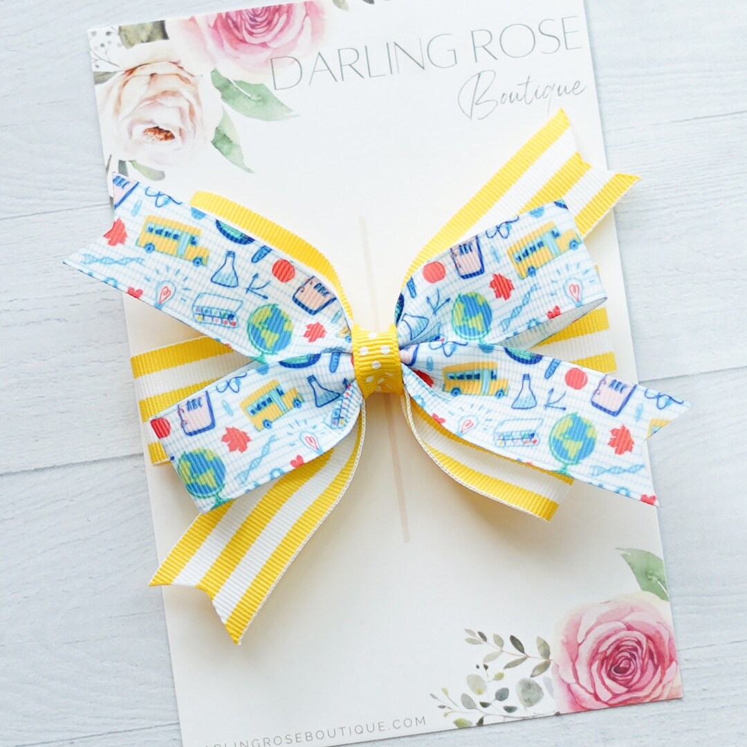 Medium 4” Back to School Bus Pigtail Hair Bows Hairbow Hair Clips ...