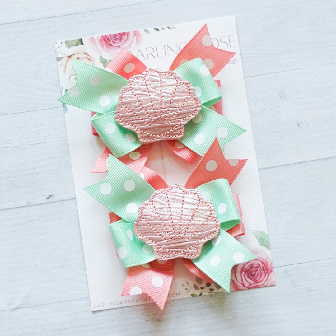 3 Summer Seashell Beach Vacation Hair Bow Pigtail Bows Mint Green and ...