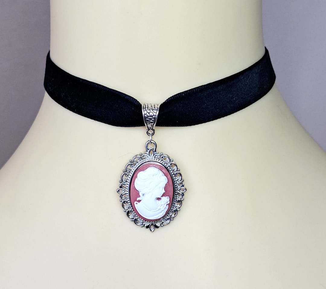 Black Velvet Ribbon Choker, Cameo Necklace, Pink White Lady Cameo ...