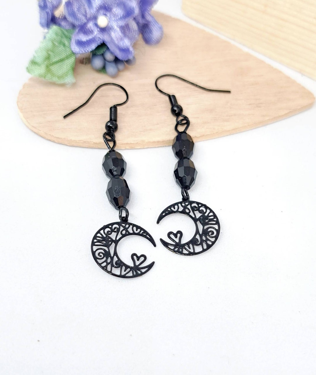 Black Filigree Crescent Half Moon Earrings, Gothic Black Beaded ...