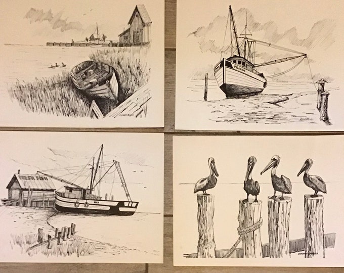 Set of Four Vintage Pen and Ink Nautical Prints Signed Lawrence Crowell ...