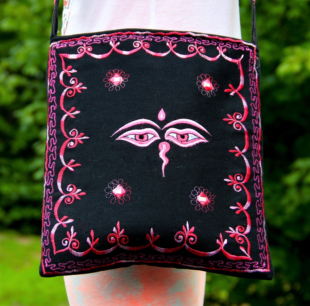 Buddha Eyes Embroidered Denim Shoulder Bag // Himalayan Boho Style ...