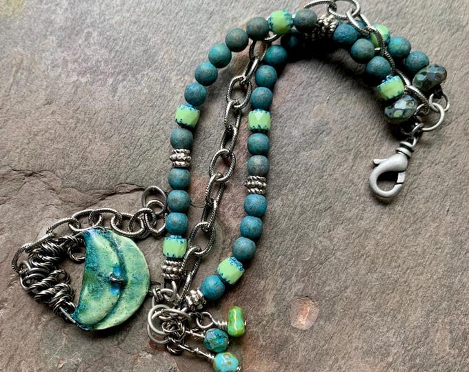 Unusual Handmade Boho Bracelet, Earthy Beaded, Silver Blues Greens ...