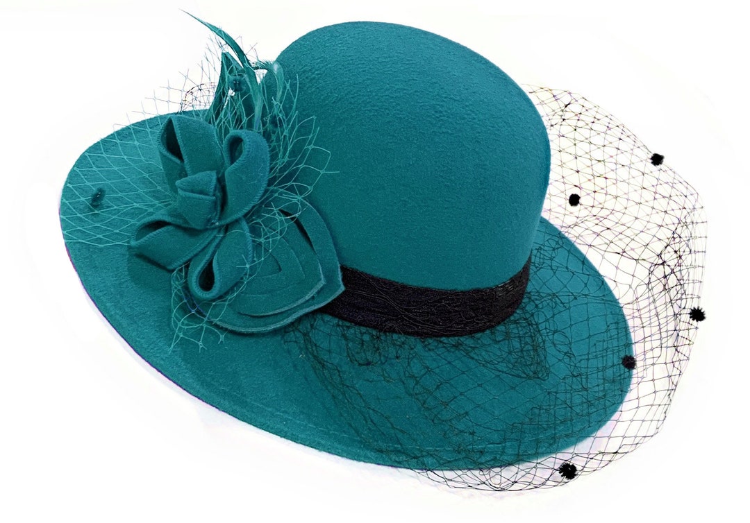 Teal Large Brim Felt Fedora Formal Hat Wool Mix Occasion Birdcage Veil ...